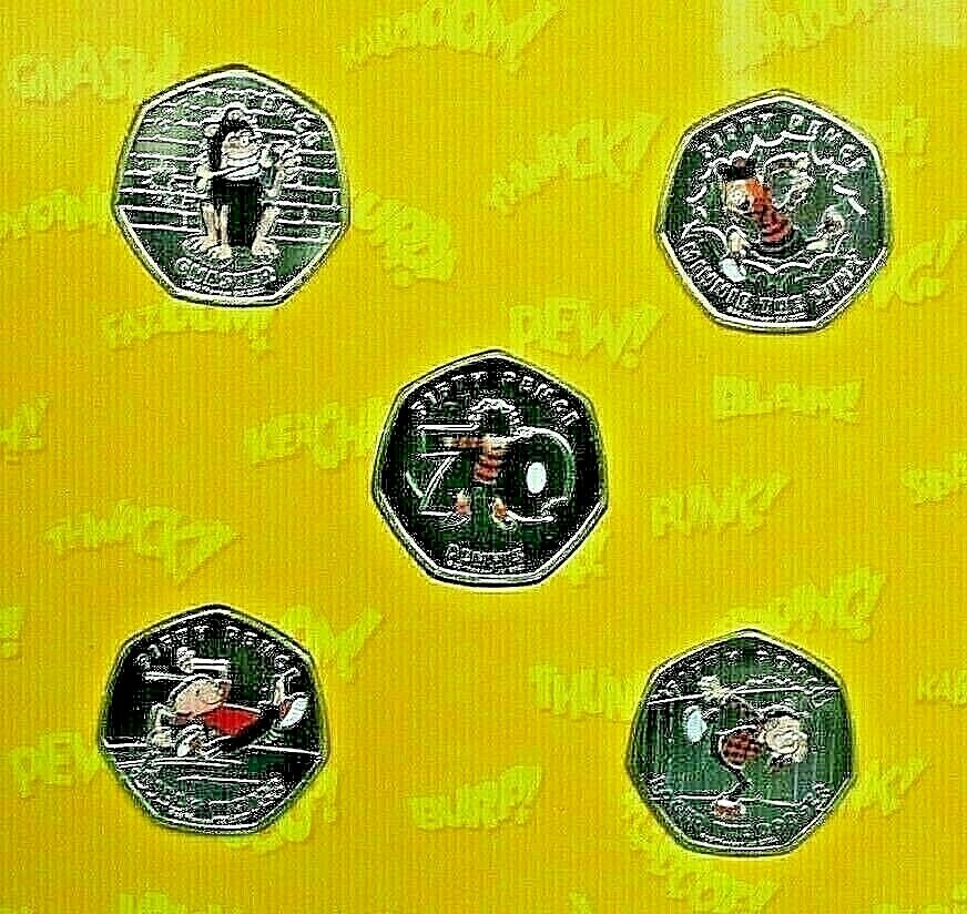 2021 Beano Dennis the Menace Roger the dodger DECAL COLOUR 50p coin SET ...