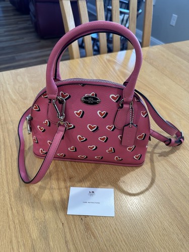NWOT-COACH PINK MINI CORA DOMED SATCHEL HANDBAG CROSSBODY W/ RED HEARTS ...
