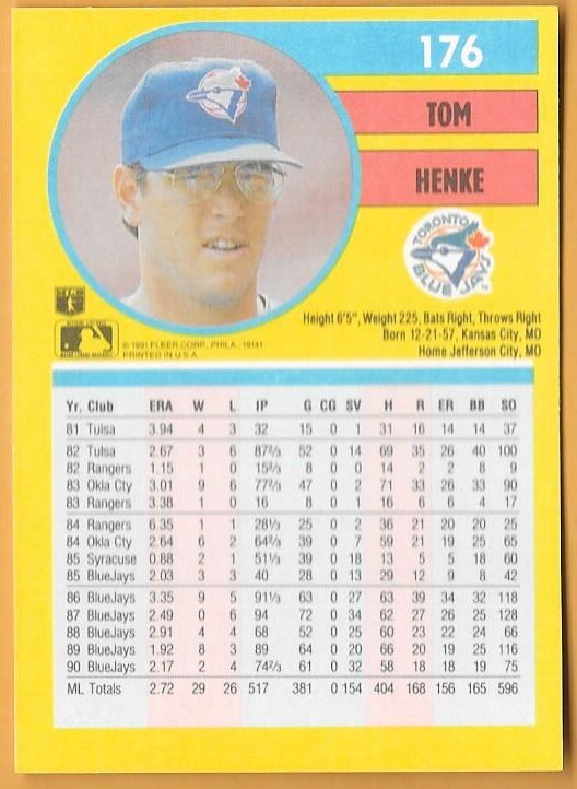 TOM HENKE TORONTO BLUE JAYS #176 - FLEER NM-MT 1991 | eBay