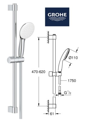 Grohe Tempesta 27924 Chrome Shower Riser Rail Kit 1 Mode Shower Head ...