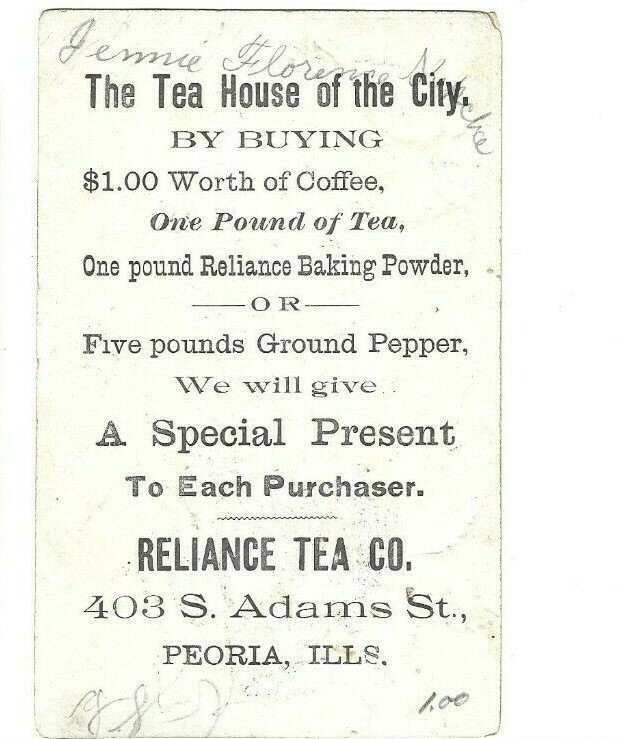 Reliance Tea Co., Peoria, Illinois Trade Card | eBay