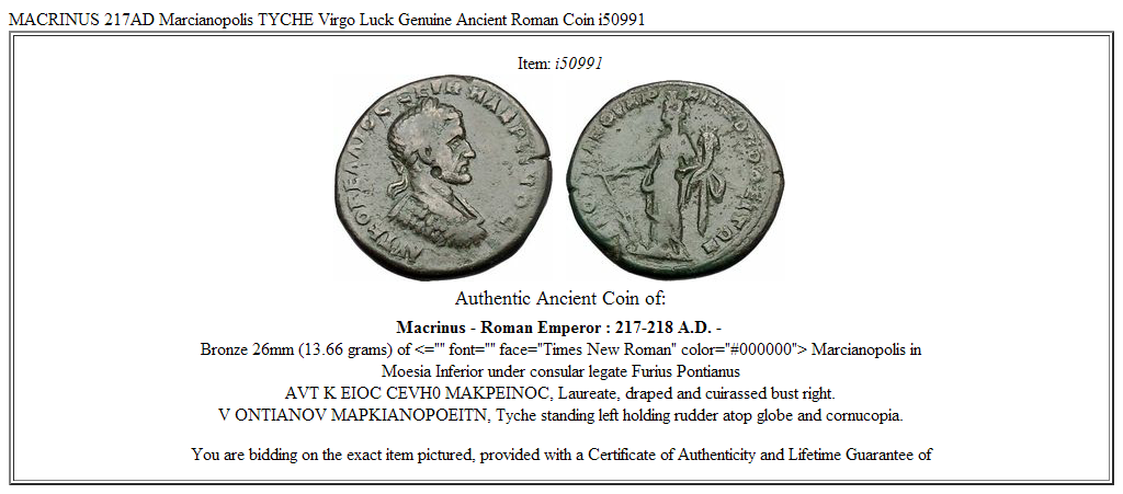 MACRINUS 217AD Marcianopolis TYCHE Virgo Luck Genuine Ancient Roman ...