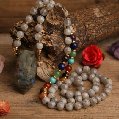 Natural Stone Labradorite Pendant Labradorite 7 Chakra Beads Mala ...