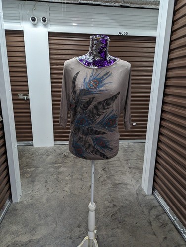 Davida Women's XL Grey blouse with peacock feather Soft Shirt | eBay