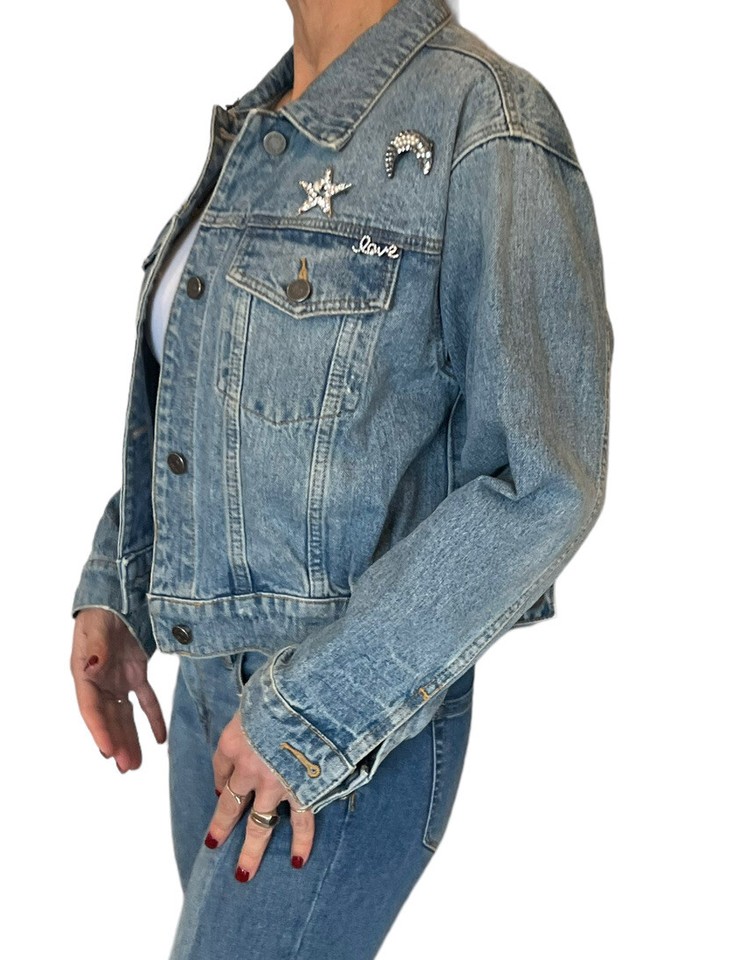 Womens Joie Redmondia Cropped Light Blue Denim Jean Jacket Jeweled Pins ...