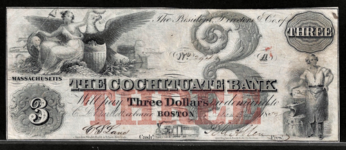 Jan 1852 Boston Massachusetts Cochituate Bank $3 Dollar Issued Obsolete ...