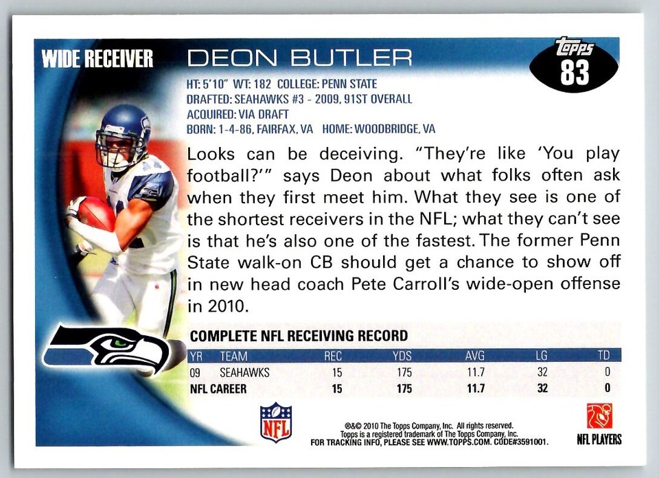 2010 TOPPS DEON BUTLER SEATTLE SEAHAWKS #83 | eBay