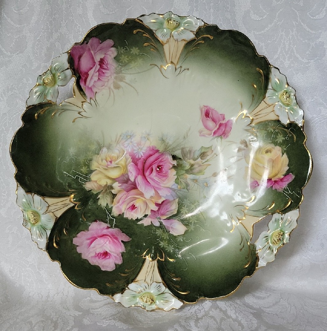 ANTIQUE RS PRUSSIA HAND PAINTED GORGEOUS ROSES BOWL W/HANDLES 11" LILLY ...