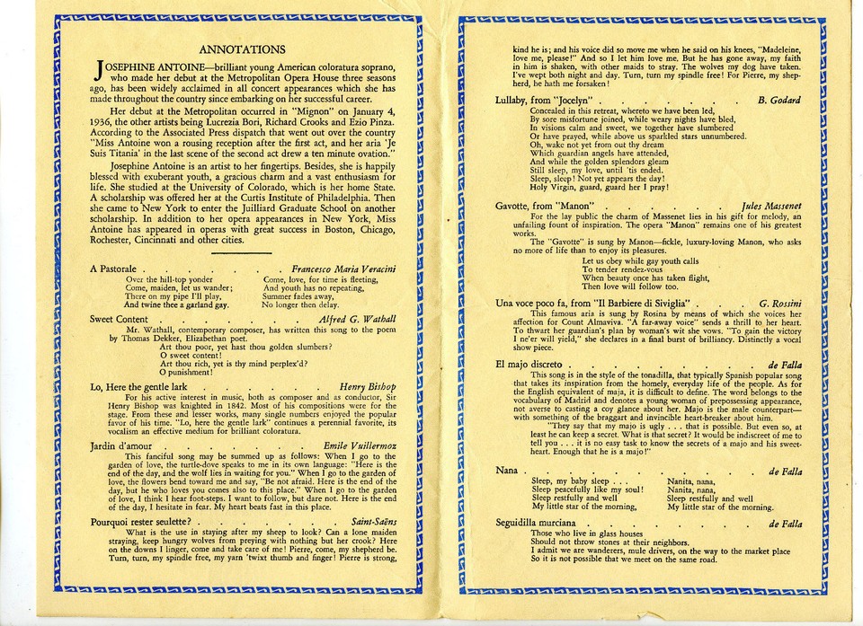 Antique Flyer JOSEPHINE ANTOINE Recital Columbia Concerts Community ...