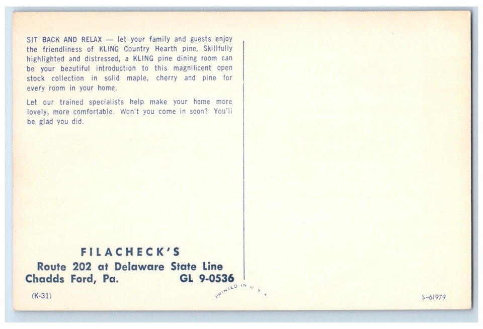 1960 Interior View Filacheck's Chadds Ford Pennsylvania Antique Vintage ...