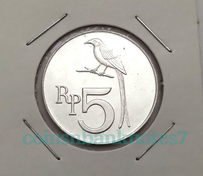 1970 Indonesia 5 Rupiah Coin, KM #22 Uncirculated / Bird-Black drongo ...