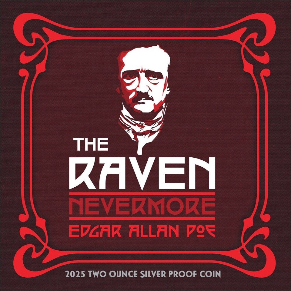 Niue 2025 THE RAVEN Edgar Allan Poe $5 2 Oz Silver Black Proof—MINTAGE ...
