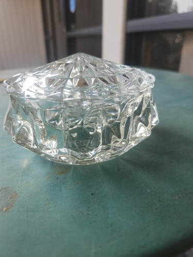 Vintage Round Clear Diamond Point Cut Glass Lidded Trinket Dish | eBay UK
