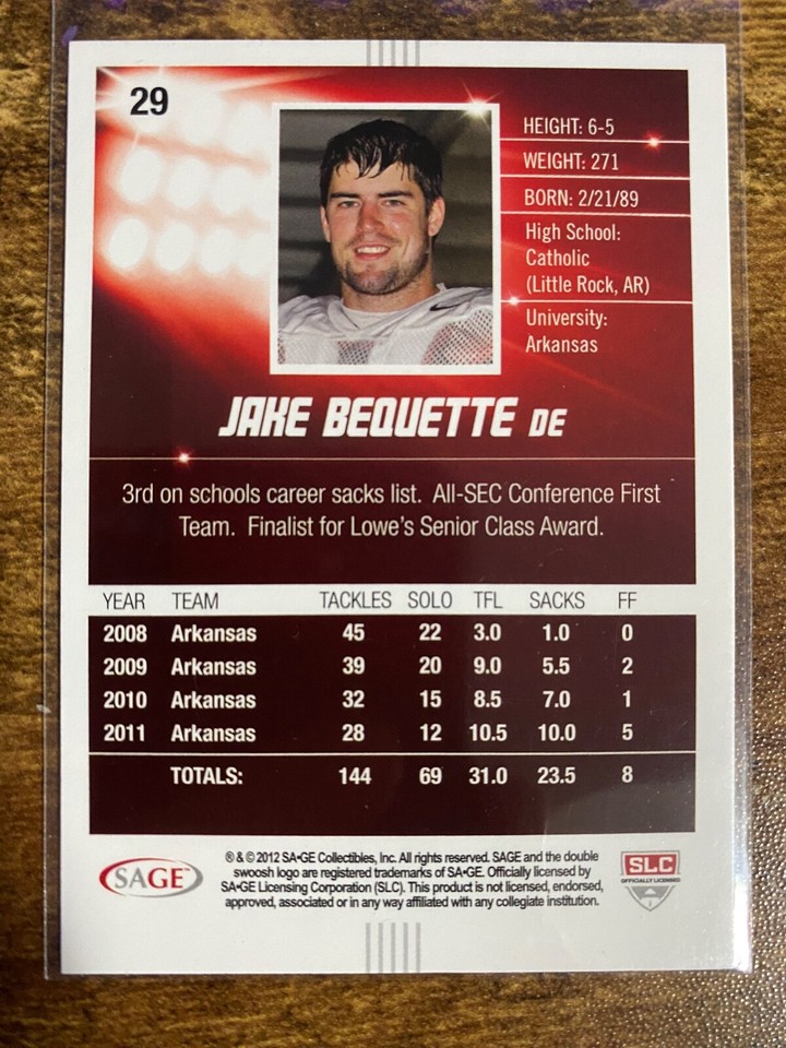 2012 SAGE HIT #29 Jake Bequette RC Arkansas Razorbacks New England ...