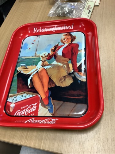 VNTG 1998 COCA COLA Relax Refresh RETRO METAL TRAY Advertising Sailing ...