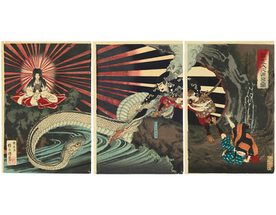 Japanese Art 3 Panel Print, Encountering the Goddess of Mt Fuji by ...