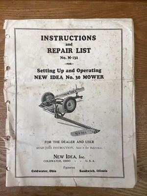 Vintage New Idea Model 30 Mower Instructions & Repair List #M-132 | eBay