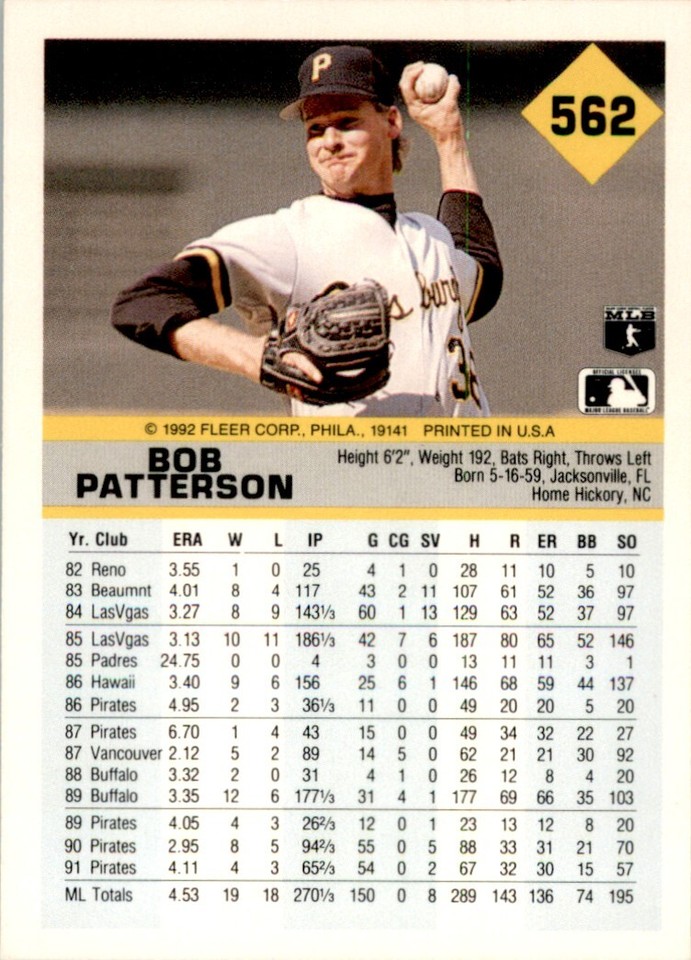 1992 Fleer Bob Patterson Pittsburgh Pirates #562 | eBay