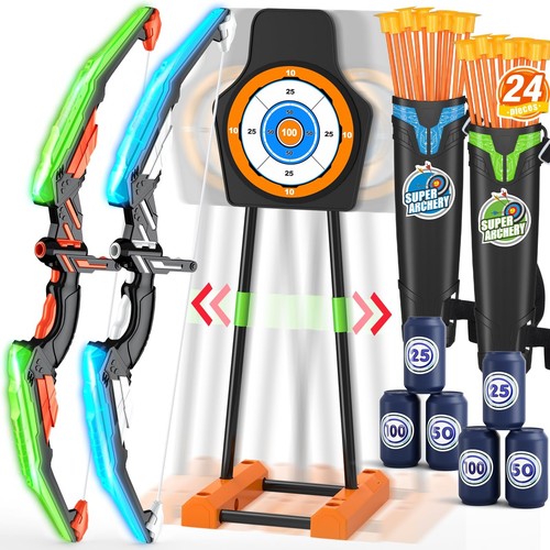 2 Pack Bow and Arrow with Moving Target for Kids, LED Light Up Archery ...