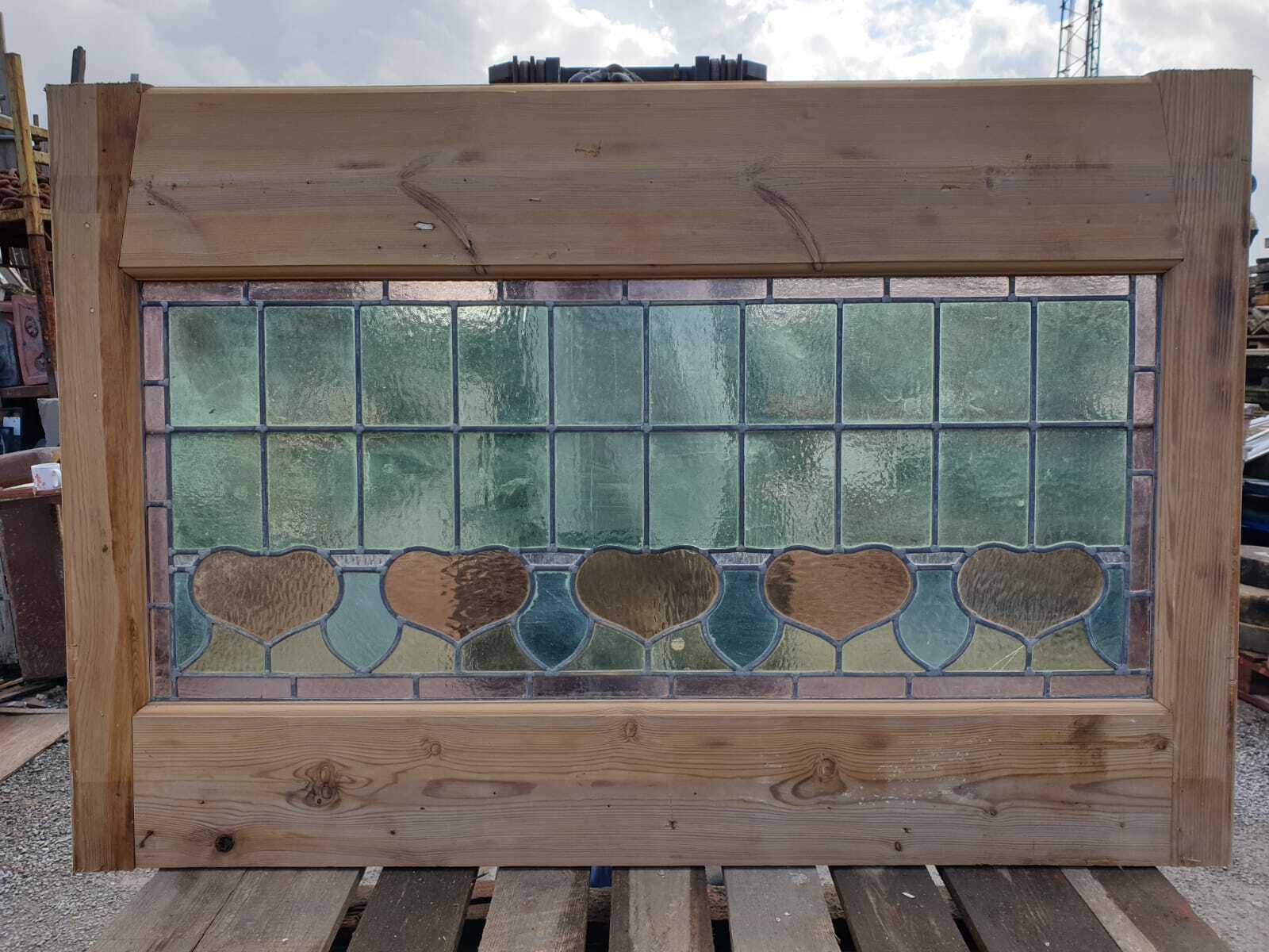 Reclaimed Stained Glass Window Screen Panel Leaded Art Nouveau Hearts ...