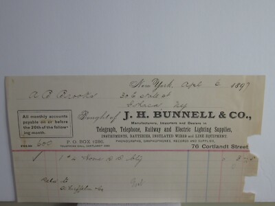 New York J. H. Bunnell Co. Manufacturers Railway Supplies 1897 Invoice ...