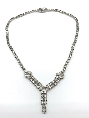 Y-drop Rhinestone Necklace Choker Signed B David Prong Set Rhodium Pl ...