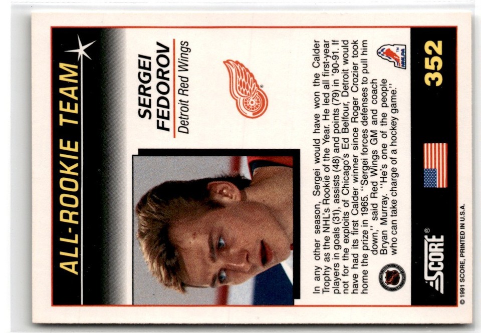 1991 Score American Sergei Fedorov #352 Detroit Red Wings Hockey Card ...
