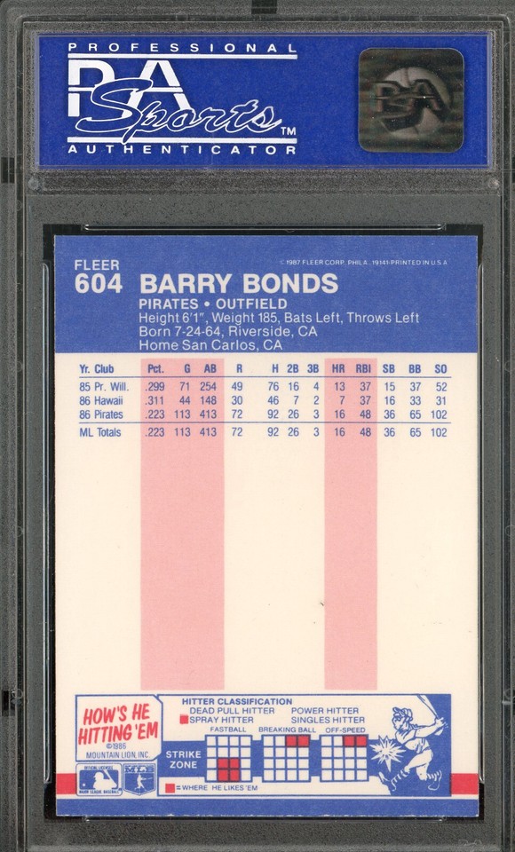 1987 Fleer Barry Bonds Rookie Card RC #604 PSA 9 MINT Centered Well ...