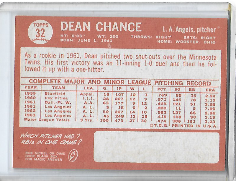 Dean Chance-California Angels-1964 Topps Baseball Card #32 | eBay