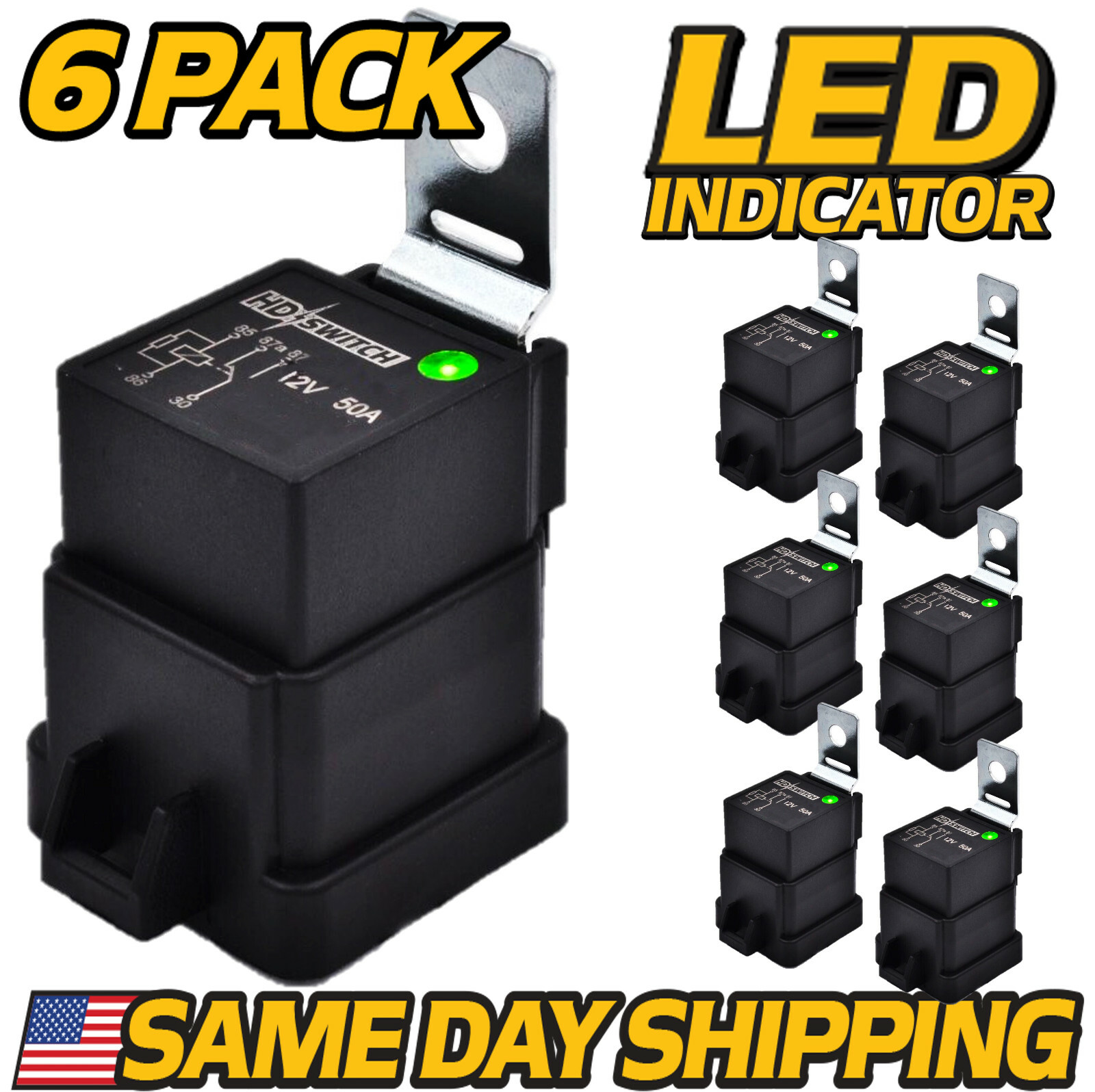 (6 Pk) AM123716 Relay fits John Deere Hella - w/LED INDICATOR & 50A ...