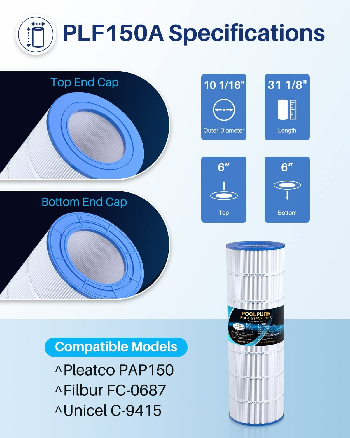 POOLPURE PLF150A Pool Filter Replaces Pentair CC150, CCRP150, PAP150 ...