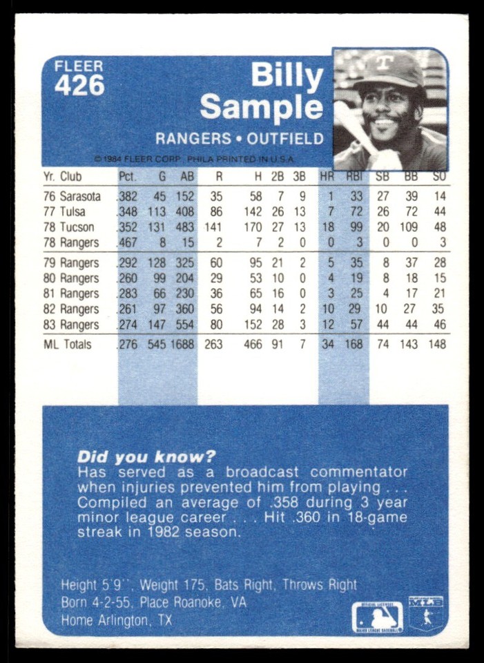 1984 Fleer Billy Sample Baseball Card Texas Rangers #426 | eBay