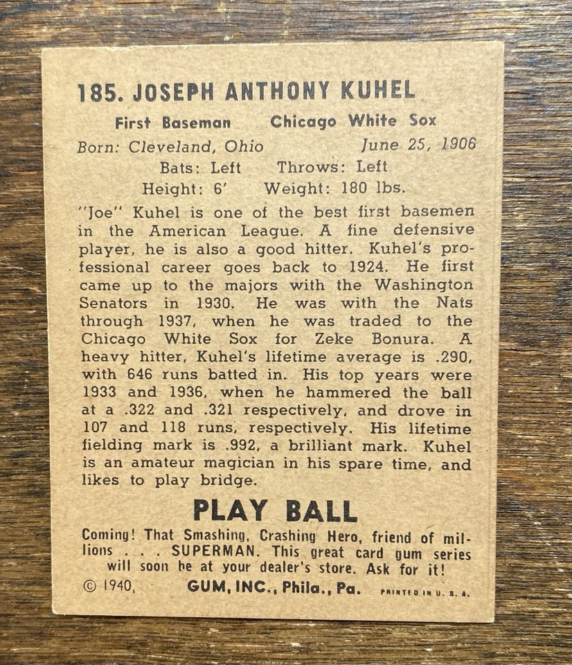 1940 PLAY BALL BASEBALL JOE KUHEL #18 | eBay