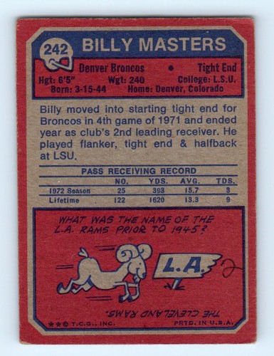 1973 Topps Billy Masters RC Denver Broncos #242 Ink on back of card | eBay