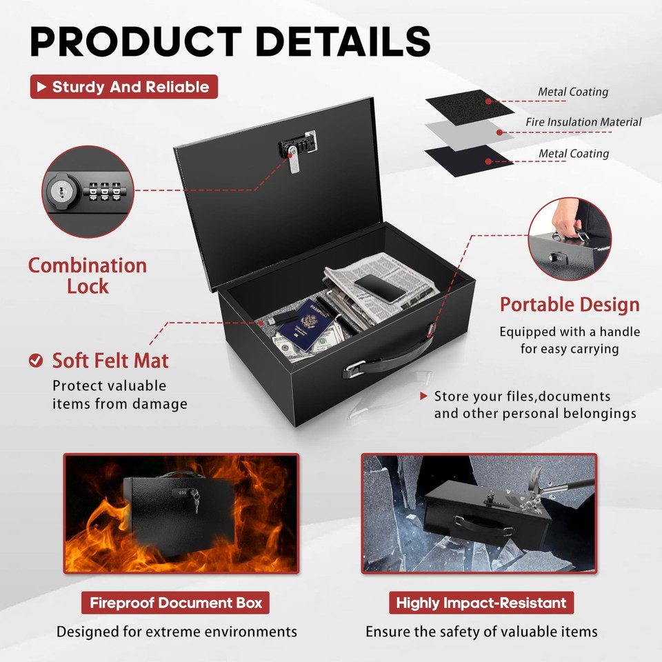Fireproof Lock Box with Key&Combination Lock-Fire Safe Document Box ...