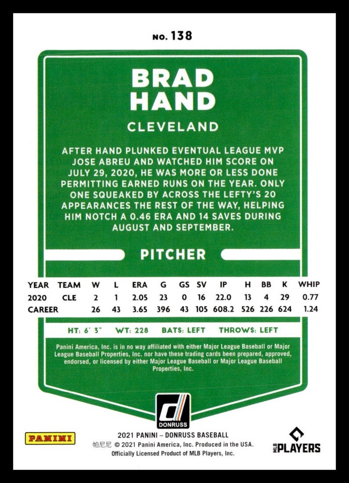 2021 Donruss #138 Brad Hand Cleveland Indians Baseball Card | eBay