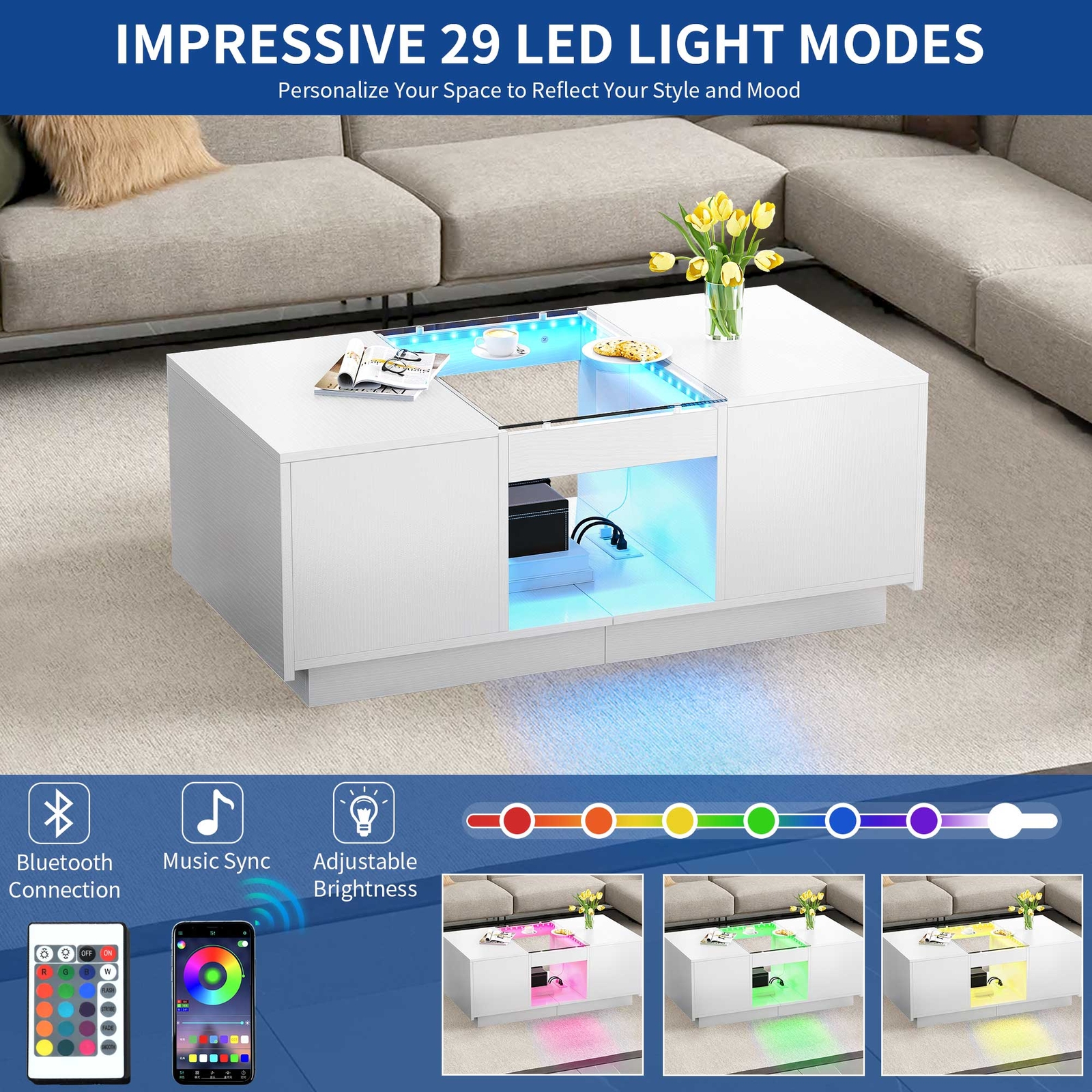 LED Coffee Table Modern Center Table with Charging Station Large ...