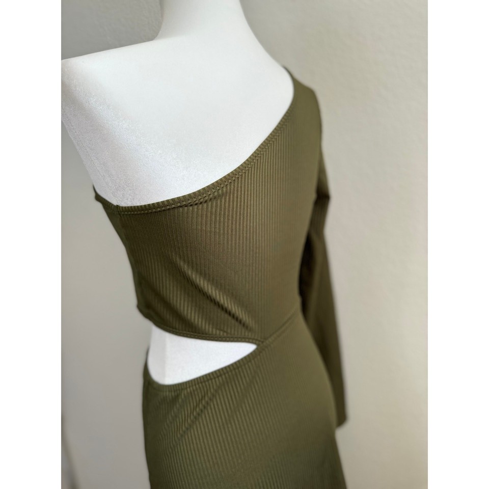 NWT Women's One Arm Cut Midriff Army Green Dress Sexy Club Night Medium ...