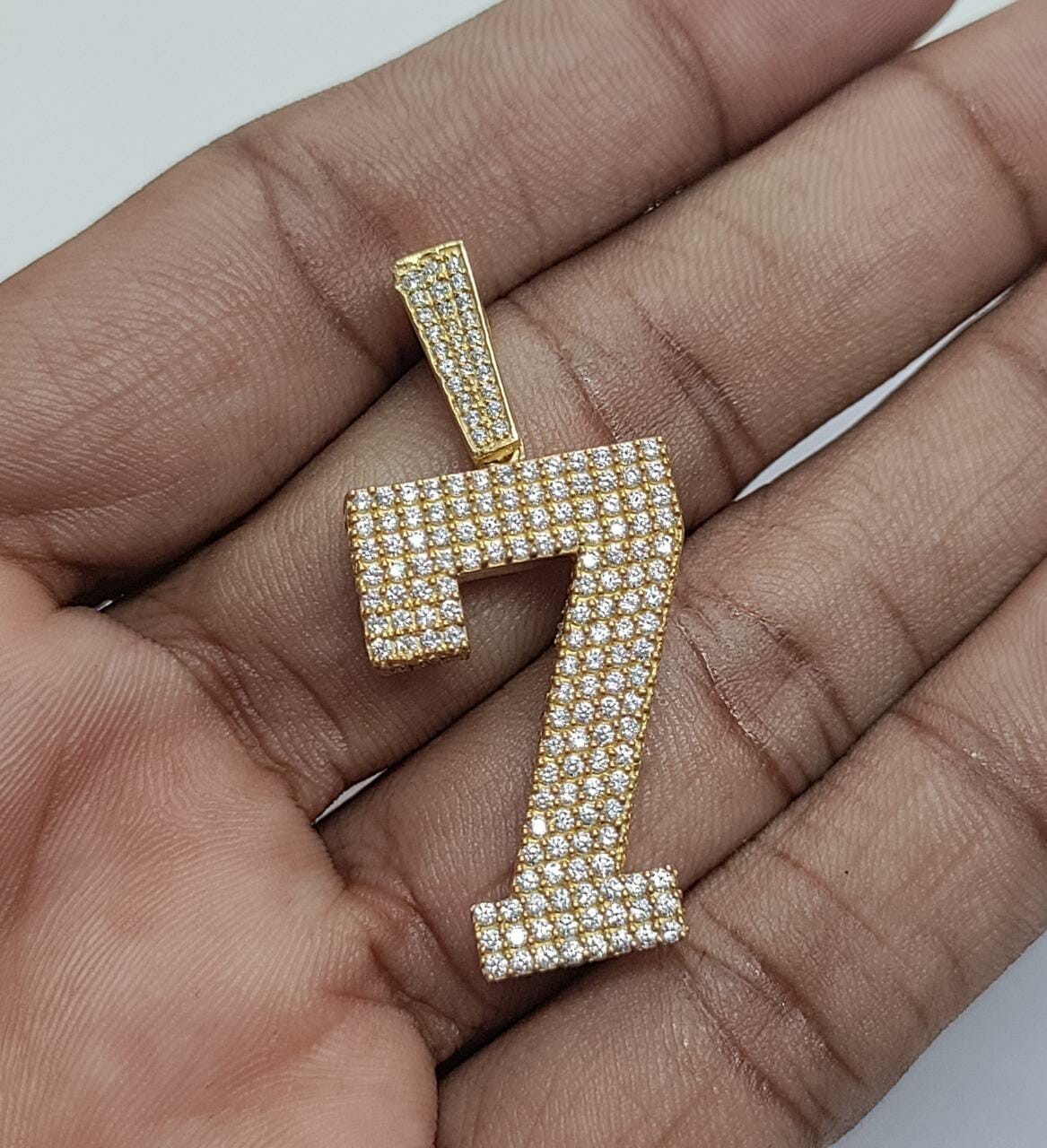 1.5 CT Round Moissanite Lucky Charm 7 Number Pendant 14K Yellow Gold ...