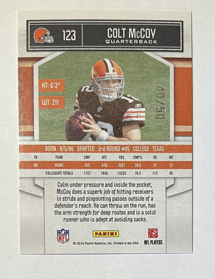 Colt McCoy 2010 Panini Classics 09-10 Timeless Tributes Rookie Card ...