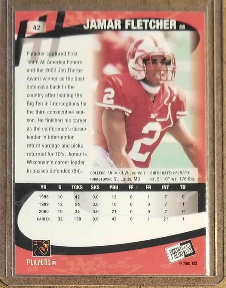 2001 Press Pass Silver #42 Jamar Fletcher Wisconsin Badgers Football ...