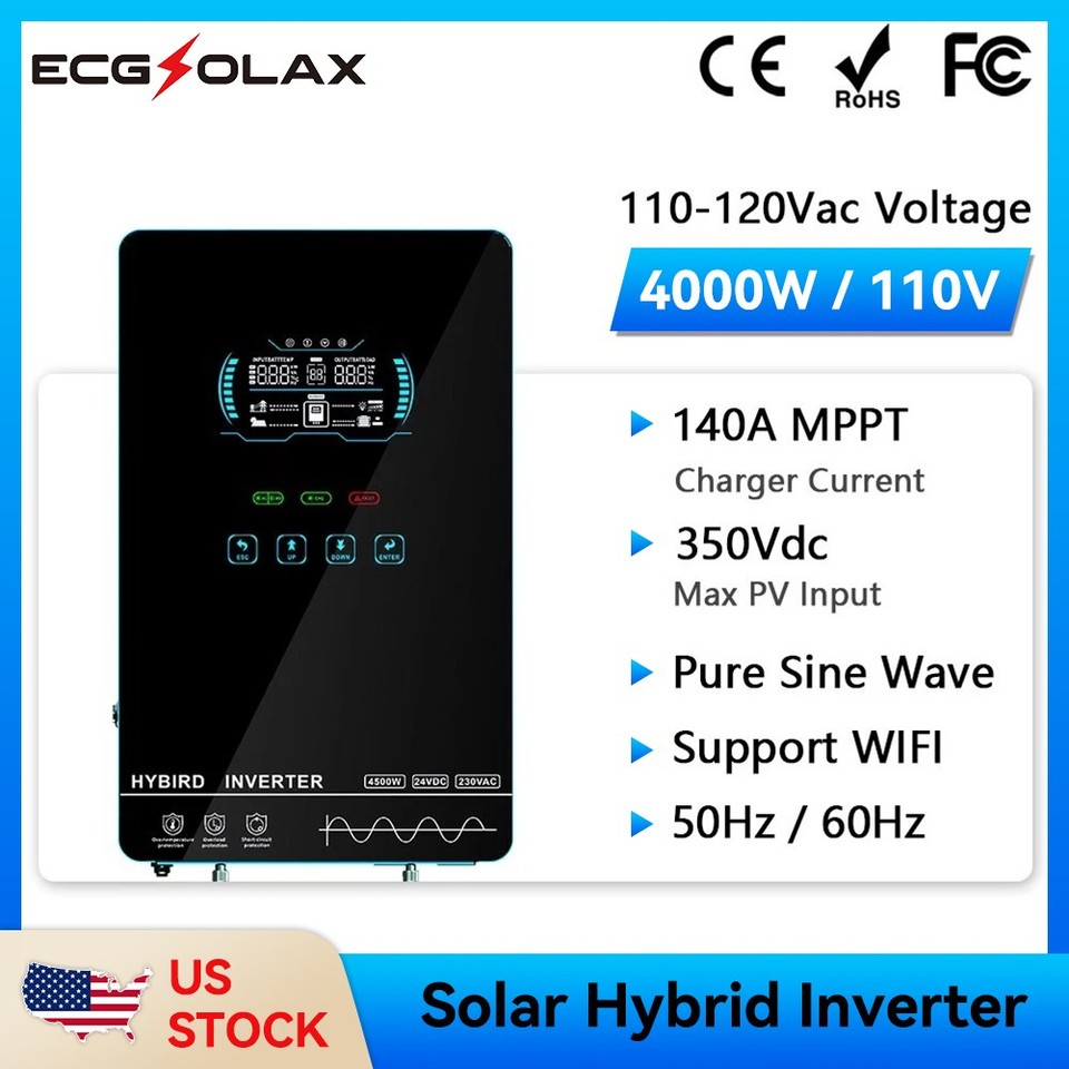 US STOCK 4KW 24V Hybrid Solar Inverter MPPT 140A Charger Pure Sine Wave ...