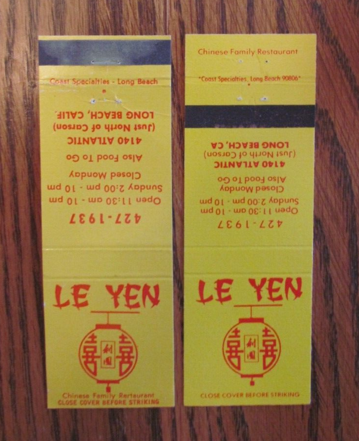 LE YEN CHINESE FOOD MATCHBOOK COVERS: LONG BEACH, CA EMPTY MATCHCOVERS ...