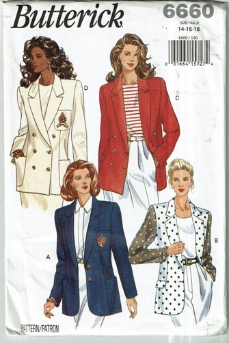 Butterick #6660 VTG Semi Fitted Jacket with variations Patterns Sz: 14 ...