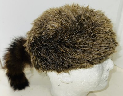 Vtg USA Davy Crockett Coonskin Tail Cap Hat Raccoon Daniel Boone Adult ...