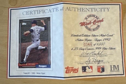 Nolan Ryan Baseball UD LE MINT CARD SILVER BULLION 4.25 OZT HIGHLAND ...