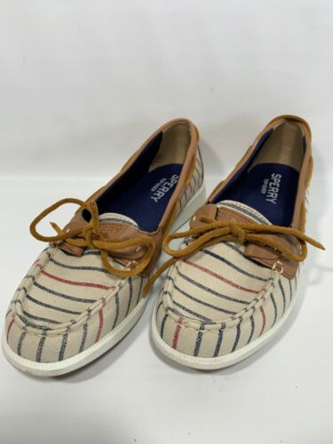 Women's SPERRY TOPSIDER Oasis Loft Tan Leather Red Blue Stripe Canvas ...