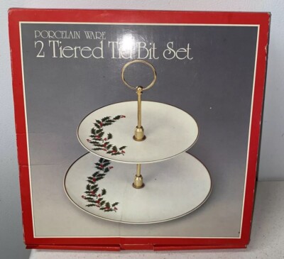 Christmas Holly & Berry Porcelain Tidbit Server Table Party Decor Two ...