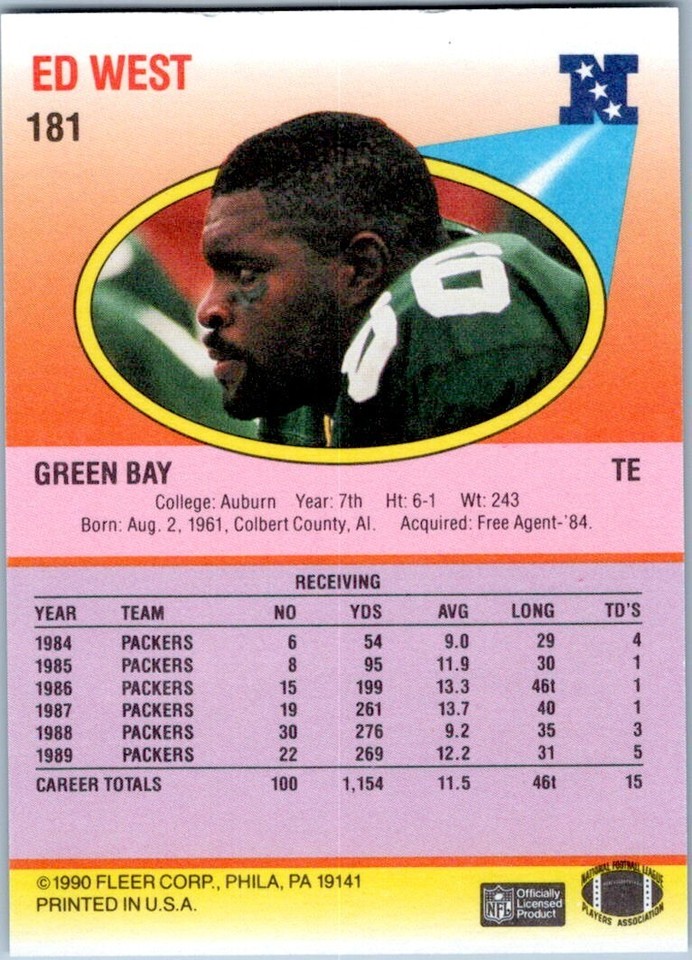 1990 Fleer Ed West Green Bay Packers #181 NFL Card | eBay