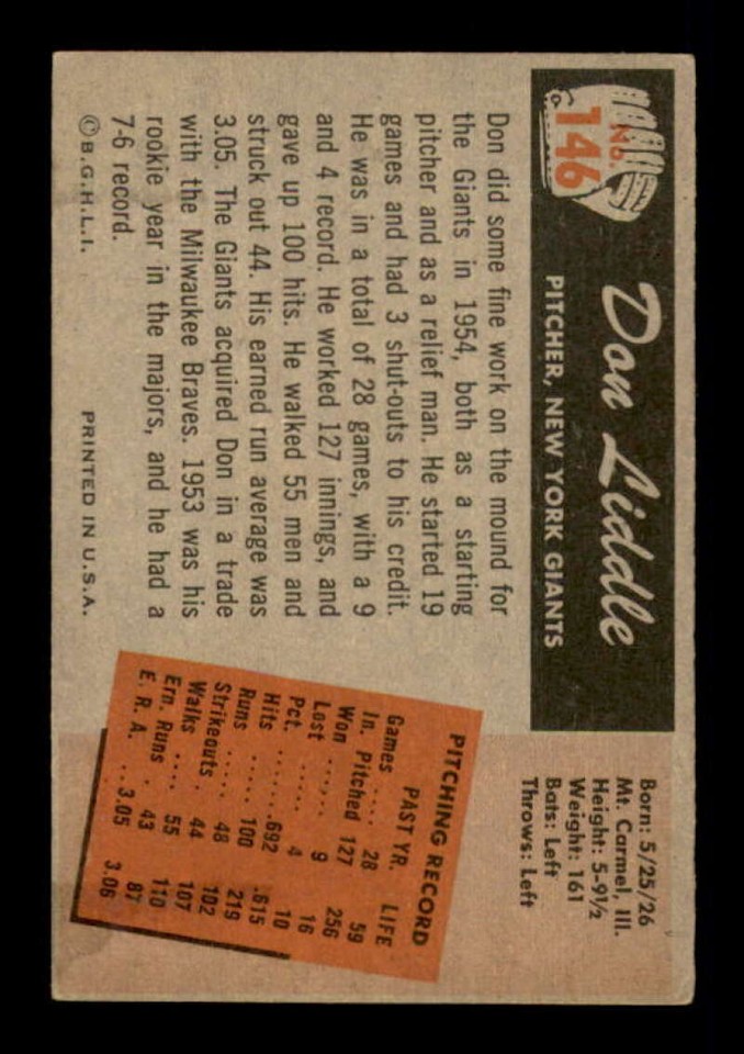 1955 Bowman #146 Don Liddle VG/VGEX NY Giants 533455 | eBay